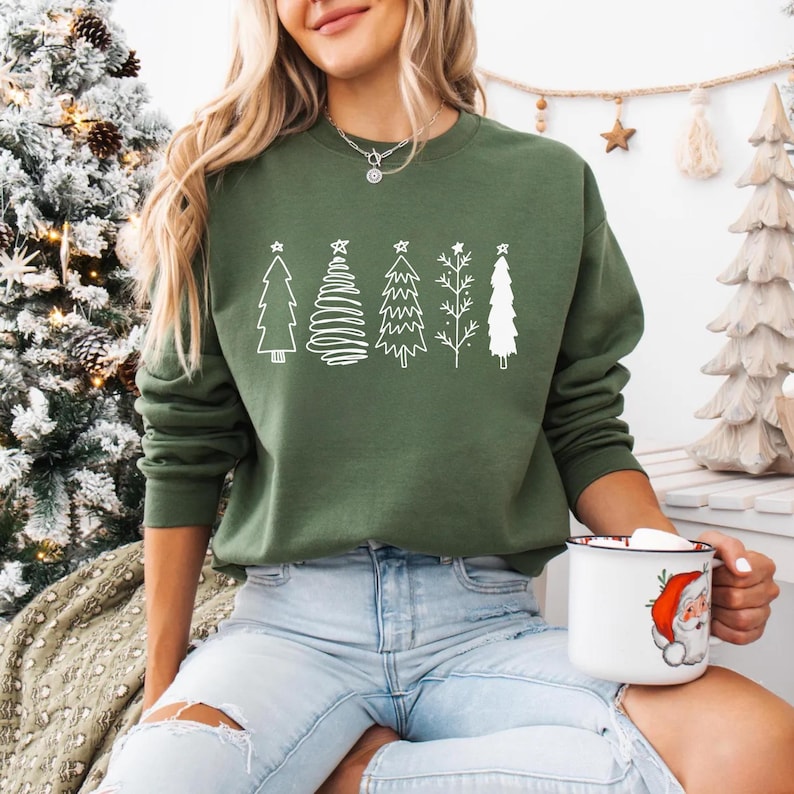 Minimalist Christmas Tree Sweatshirt, Simple Holiday Crewneck, Doodle ...