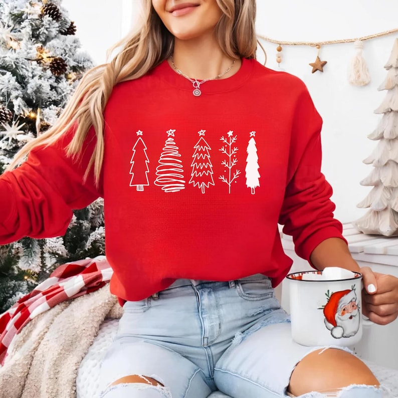 Minimalist Christmas Tree Sweatshirt, Simple Holiday Crewneck, Doodle ...