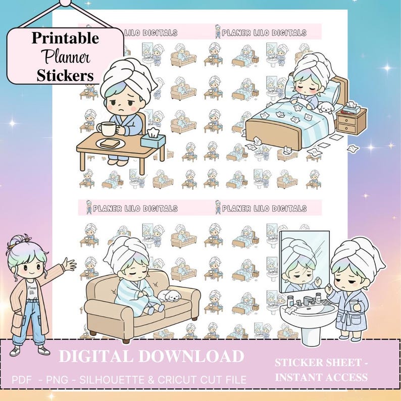 Printable Feeling Sick Stickers – Kawaii Digital Stickers for Goodnotes ...