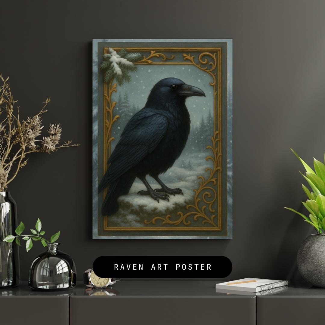 Winter Raven Illustration Rolled Poster | Gothic Bird Art, Snow Scene ...