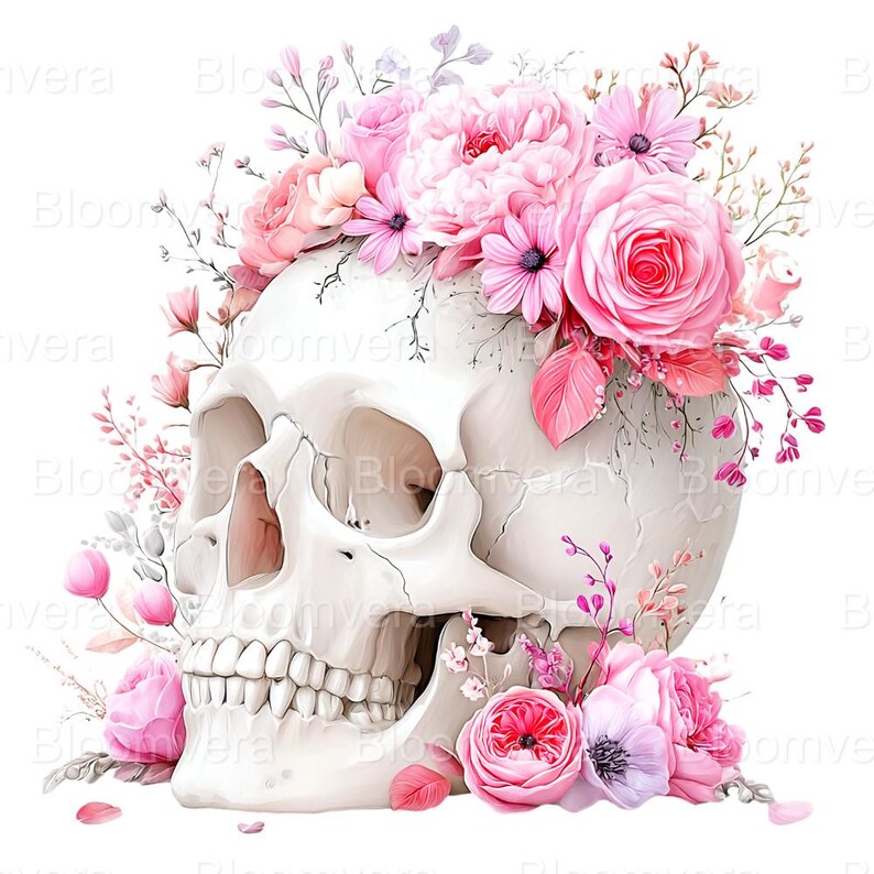 25 PNG Floral Skull Clipart, Pastel Goth Pink Rose, 300 DPI, Digital ...