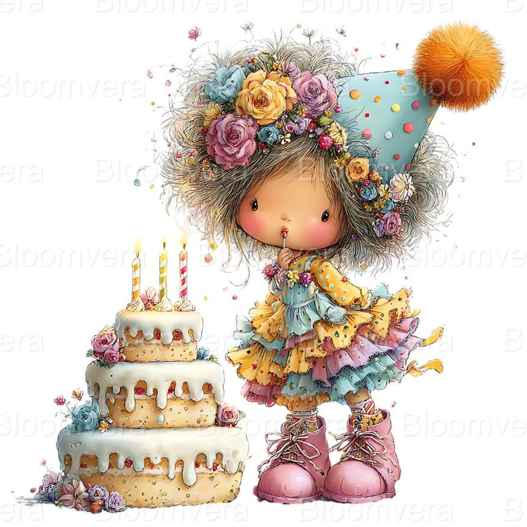 Whimsical Birthday Girl Clipart, Watercolor Little Girl PNG, Pastel ...