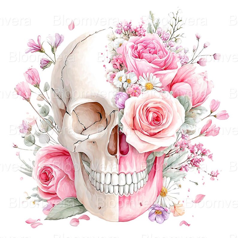 25 PNG Floral Skull Clipart, Pastel Goth Pink Rose, 300 DPI, Digital ...