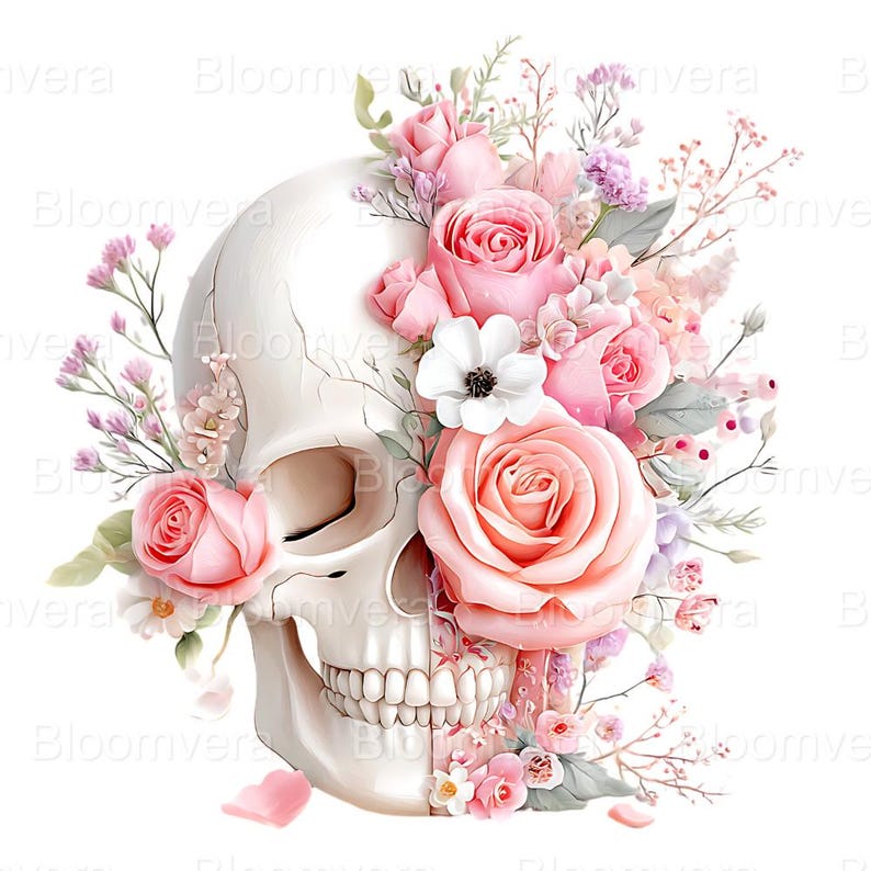 25 PNG Floral Skull Clipart, Pastel Goth Pink Rose, 300 DPI, Digital ...