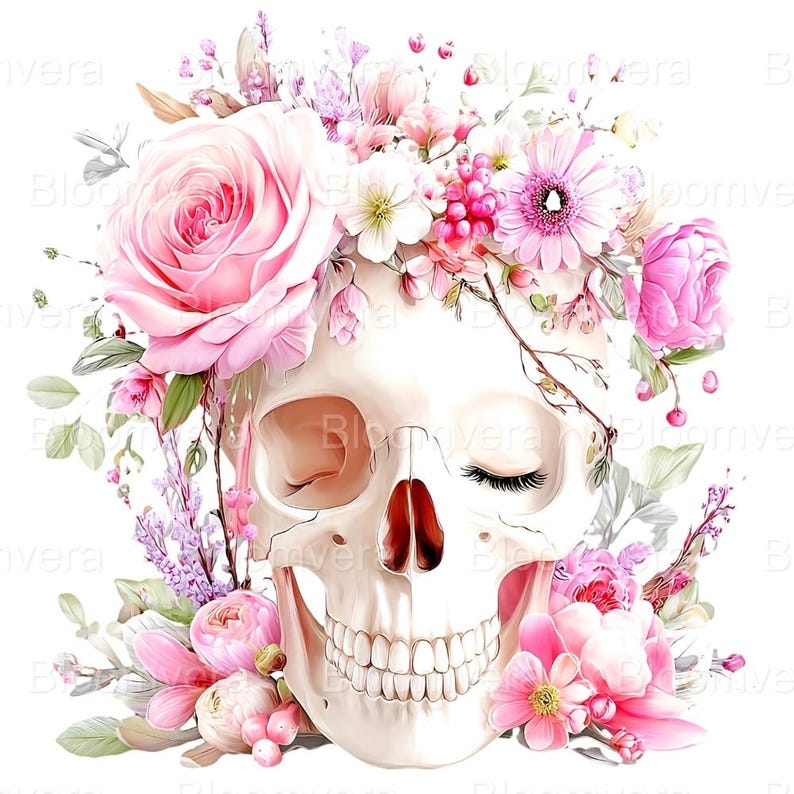 25 PNG Floral Skull Clipart, Pastel Goth Pink Rose, 300 DPI, Digital ...