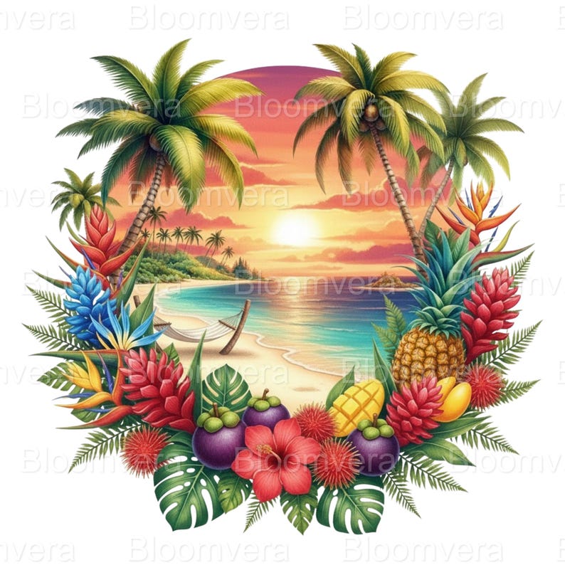 21 PNG Summer Watercolor Clipart, Tropical Beach Sunset, Palm Trees ...