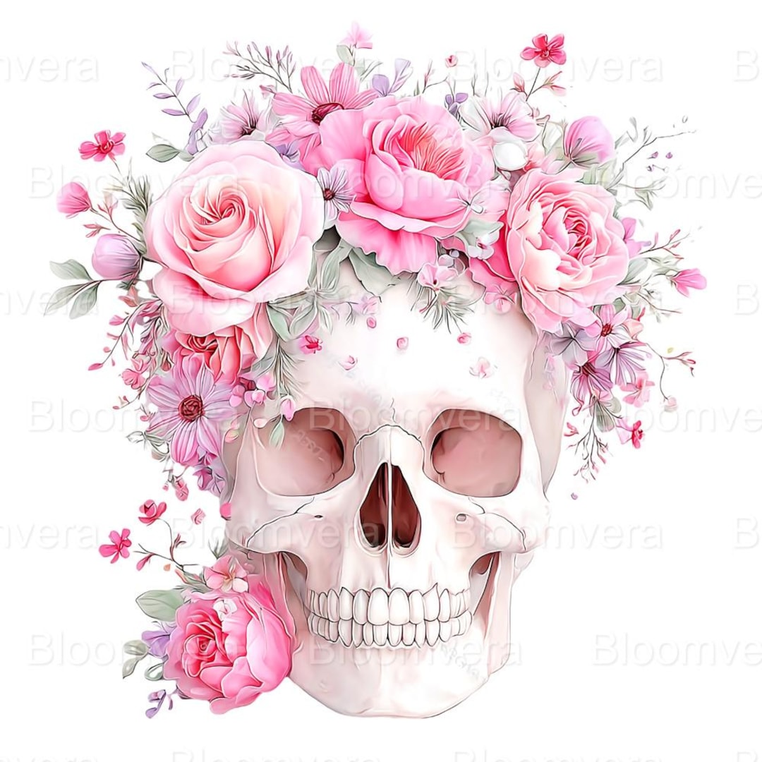 25 PNG Floral Skull Clipart, Pastel Goth Pink Rose, 300 DPI, Digital ...