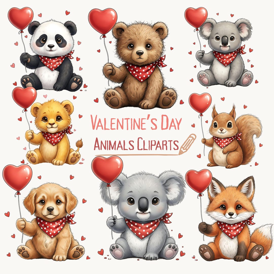 12 PNG Valentine Animal Clipart Bundle: Whimsical Graphics (digital ...