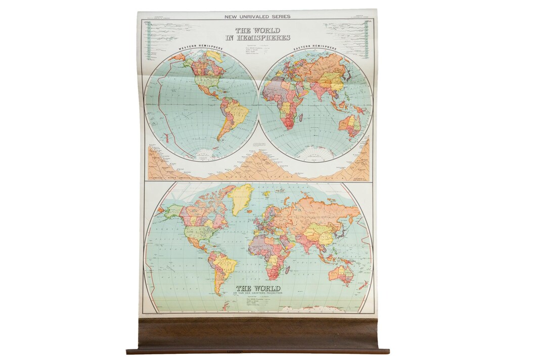Buy Vintage Nystrom Pull Down Map of the World in Hemispheres Online in ...