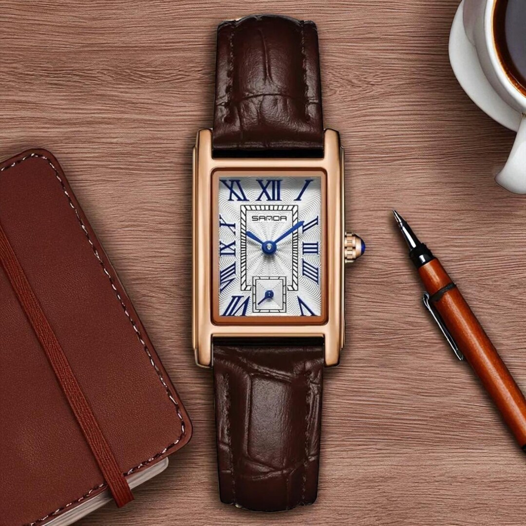 Vintage Style Gold Rectangle Watch | Brown Leather Strap Wristwatch ...