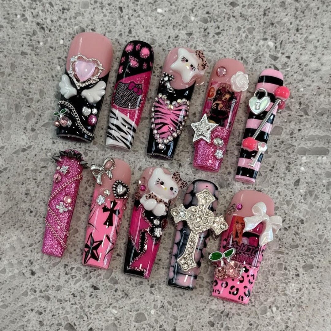 Handmade Cyber Y2K Hello Kitty Press on Nails Goth Pink Black Cross ...