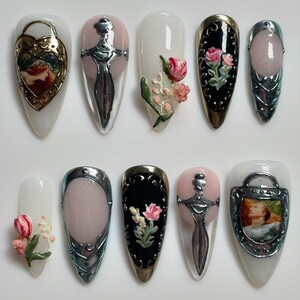 Vintage Gothic Press on Nails | 3D Sword & Rose Custom Gel Nails ...