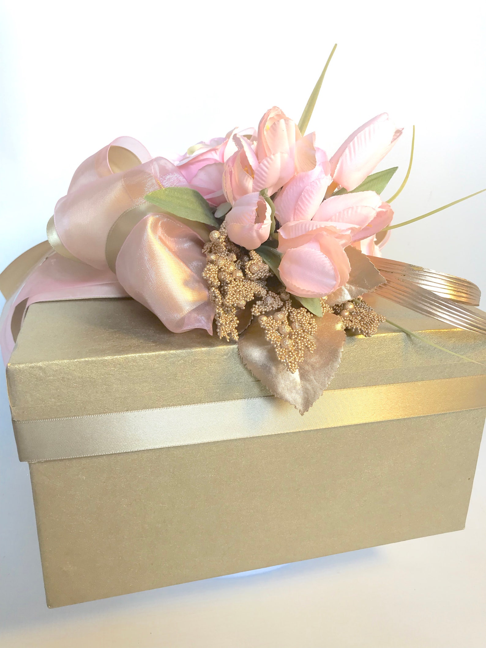 Gold & Pink Pre-wrapped Gift Box: Floral Topper, Handmade - Etsy