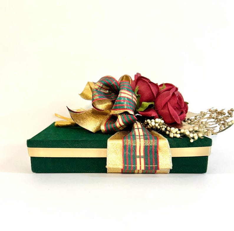 Green Velvet Red and Gold Plaid Christmas Gift Box, Wrapped Gift Box ...
