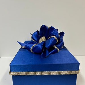 Royal Blue Satin Gift Box: Handmade Rhinestone Bow, Wedding Shoe Box - Etsy
