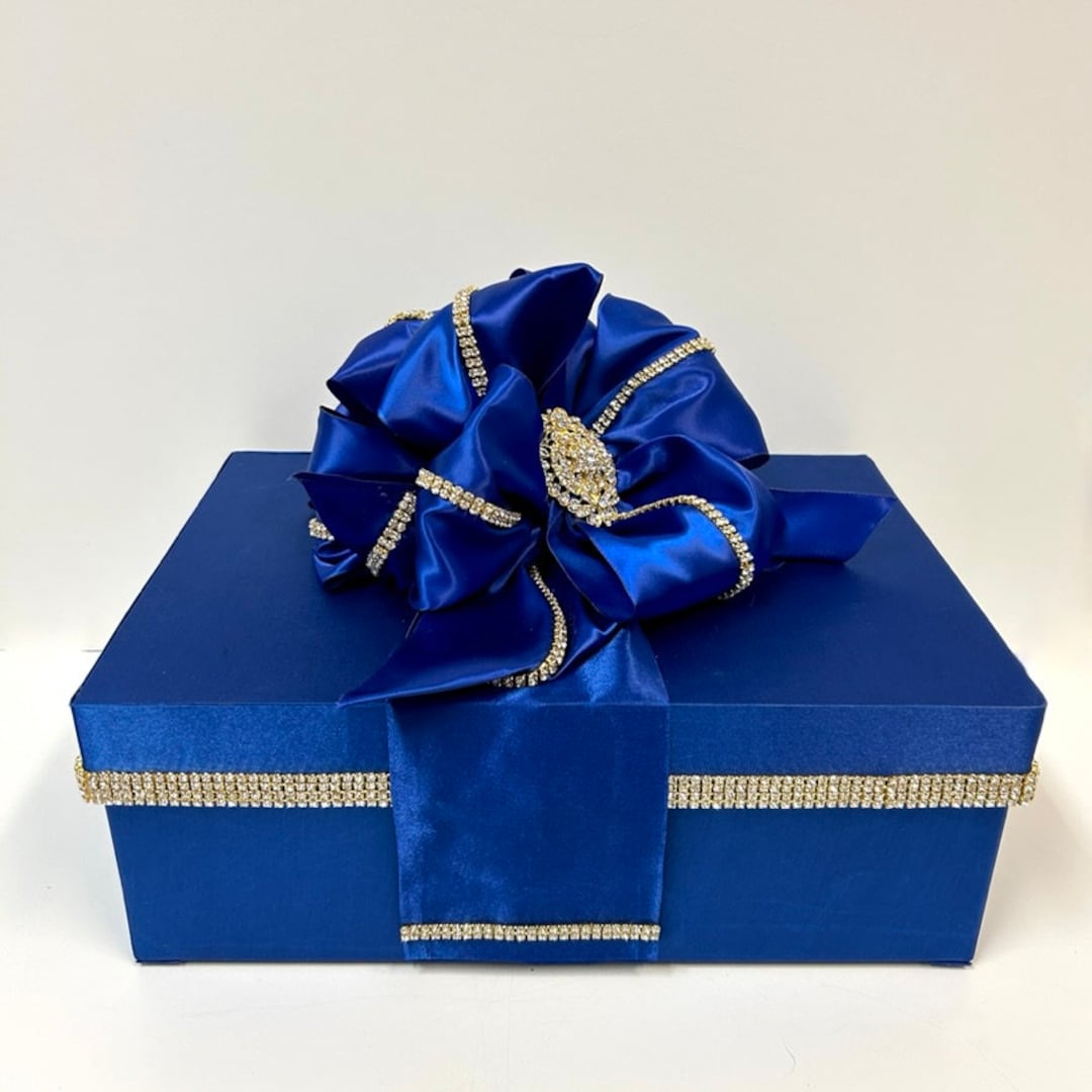 Royal Blue Satin Gift Box: Handmade Rhinestone Bow, Wedding Shoe Box - Etsy