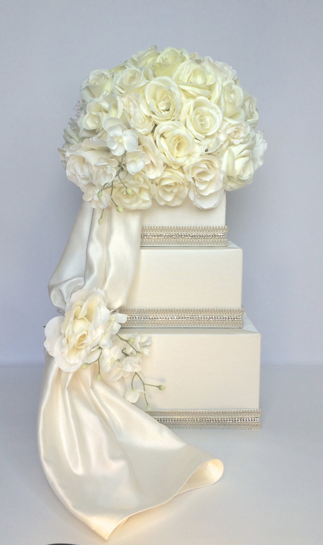 Ivory Wedding Card Box With Lock: Rhinestone Ribbon, Roses & Orchids - Etsy