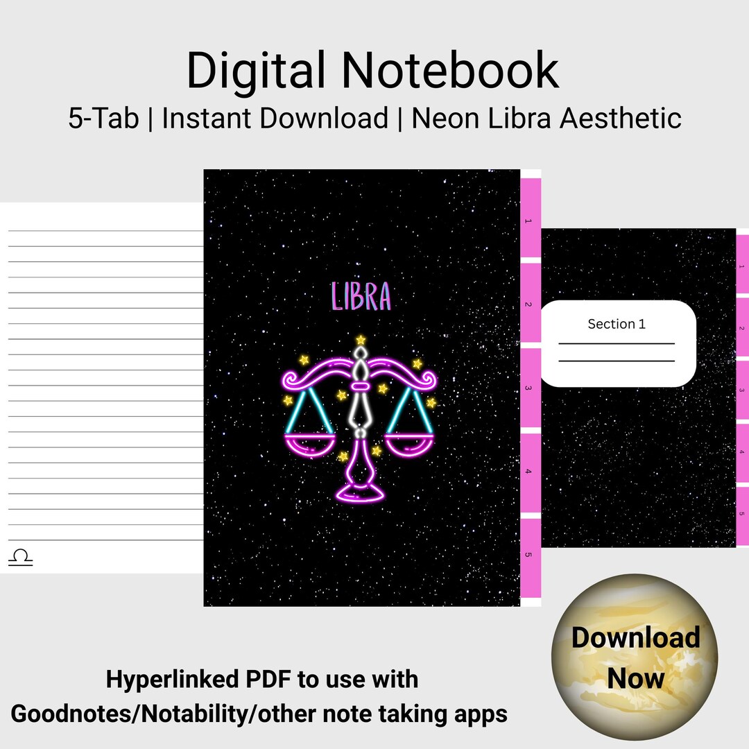 Libra Zodiac Digital Notebook | Neon Galaxy Journal | PDF for Goodnotes ...