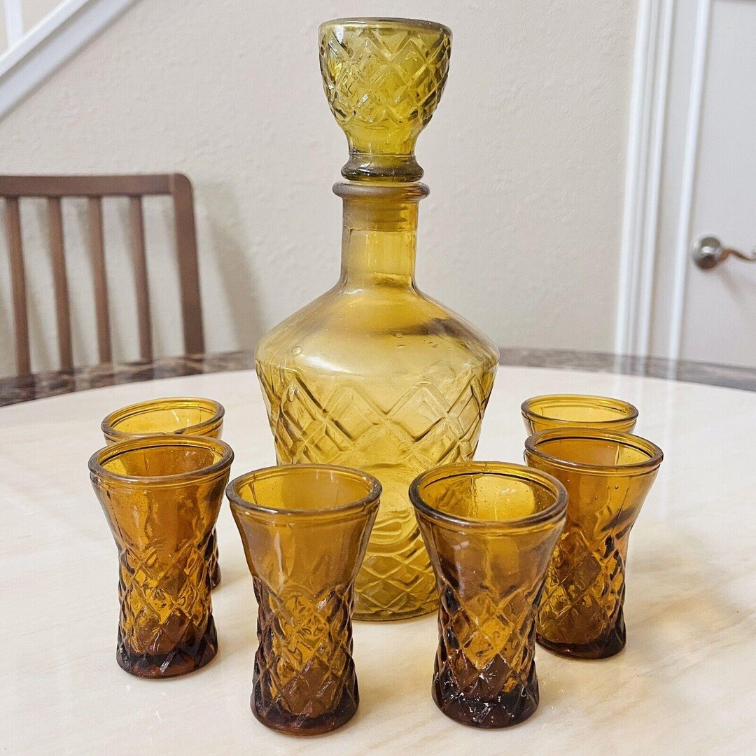 Vintage Amber Glass Decanter Set, Diamond Pattern Shot Glasses, MCM ...