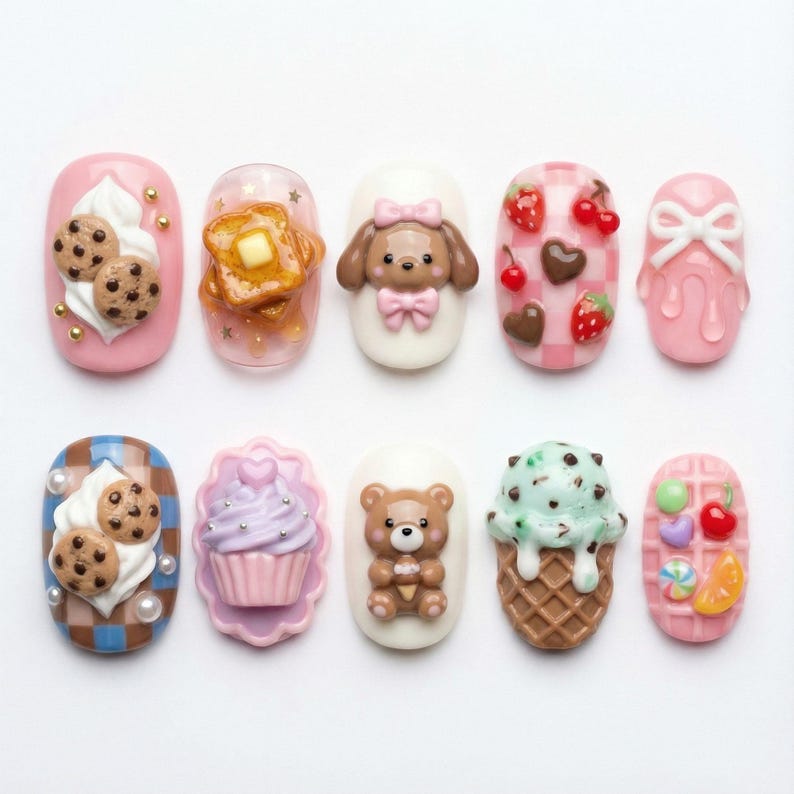 Handmade Kawaii Dessert Press on Nails | Cookie Pancake Puppy Teddy Ice ...