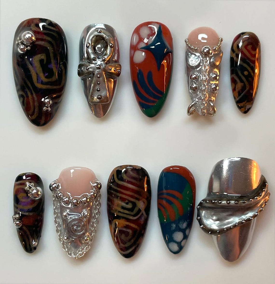Abstract Tribal Press on Nails With 3D Chrome Silver Ankh Cross ...