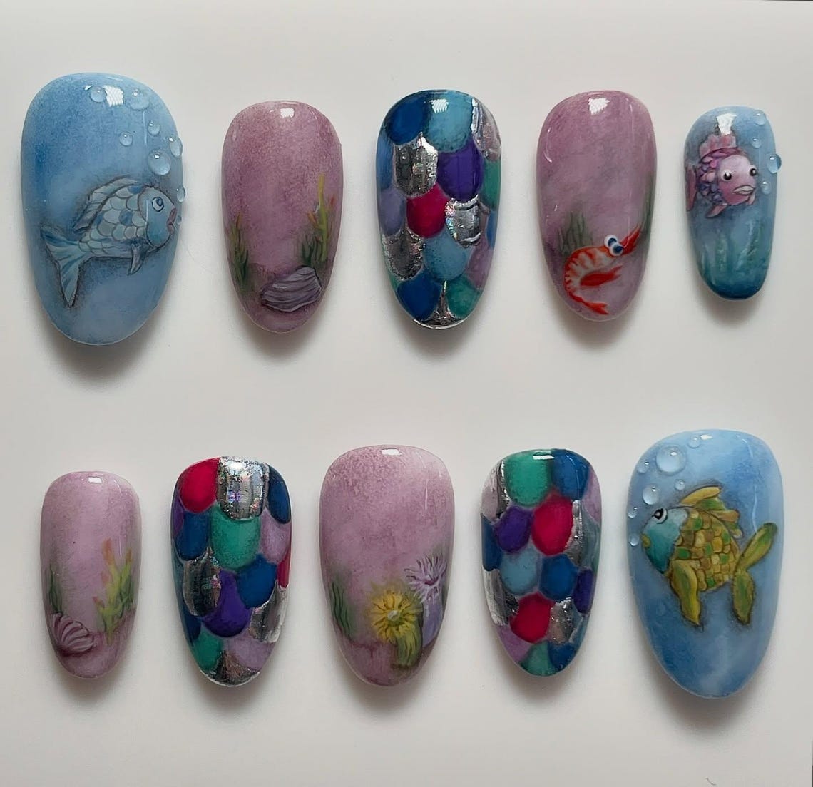 Hand Painted Under the Sea Press on Nails | Rainbow Fish Scale Fake ...