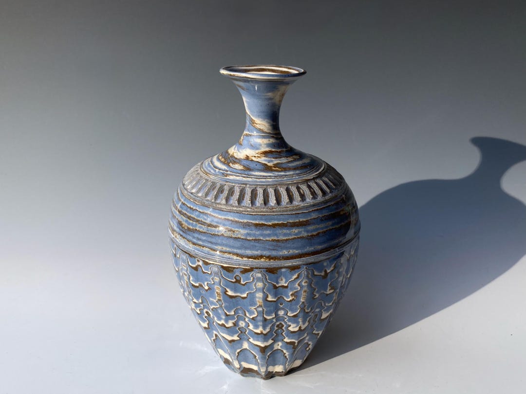 Blue Agateware Pottery Bottle Vase - Etsy