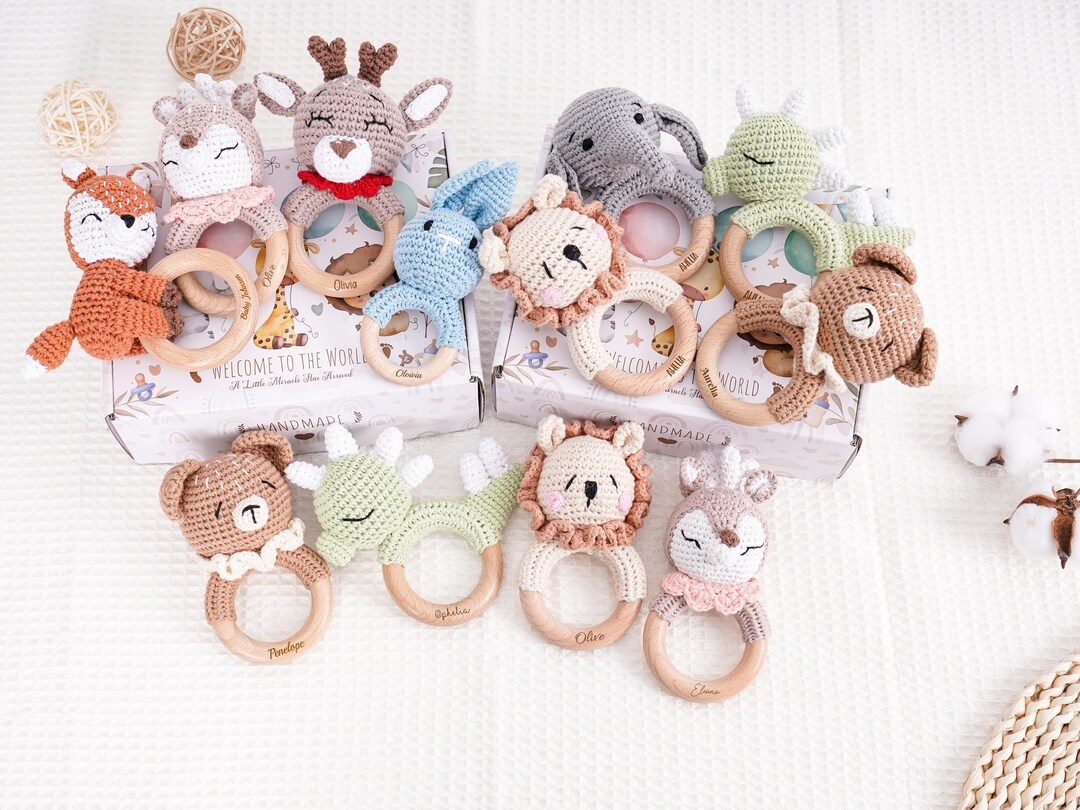 Handmade Baby Rattle Set – Custom Crochet Animal Toy, Personalized Name ...