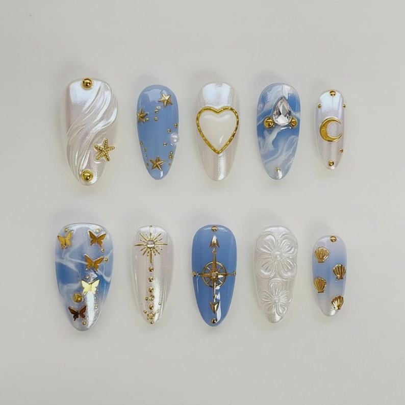 Baby Blue Pearl Press on Nails | 3D Gold Shell Starfish Moon Heart Art ...