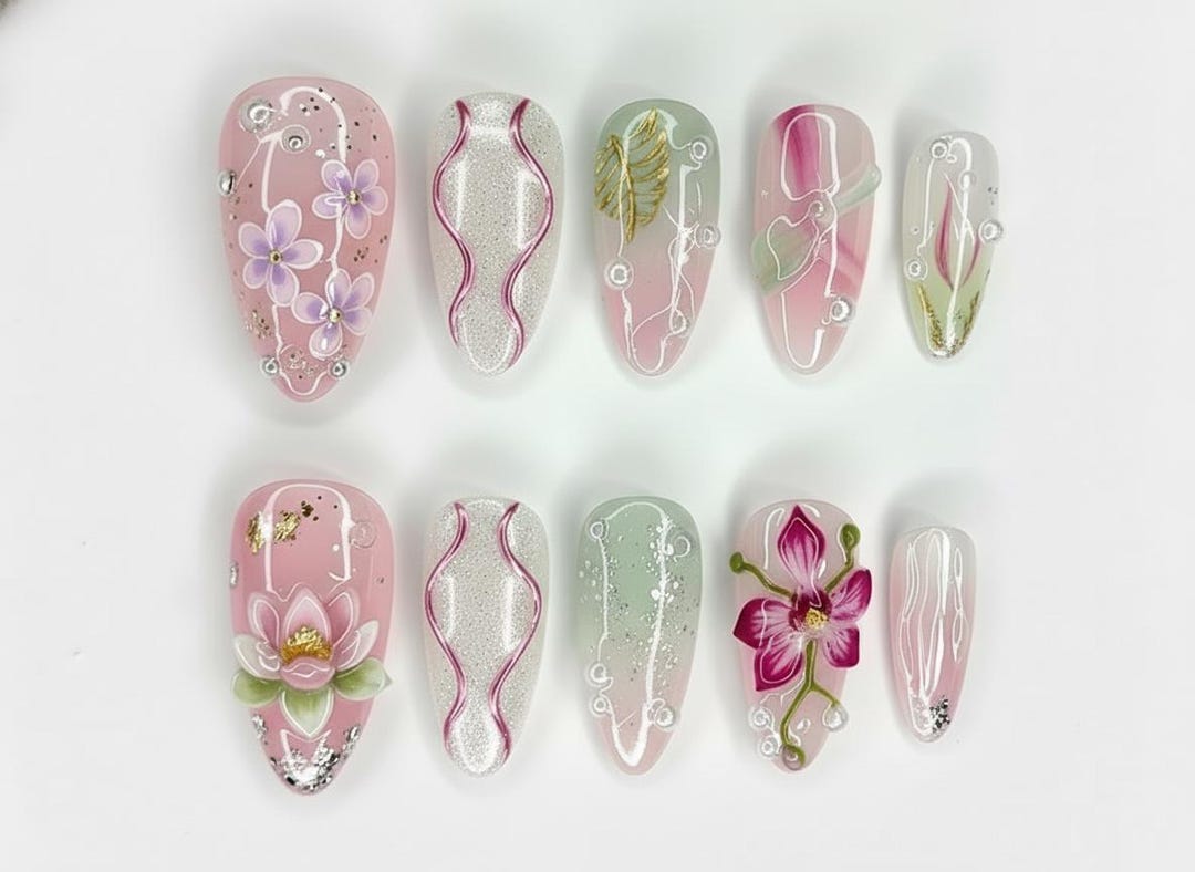 Pink Lotus & Orchid Press on Nails | 3D Water Droplet Dew Art | Pastel ...