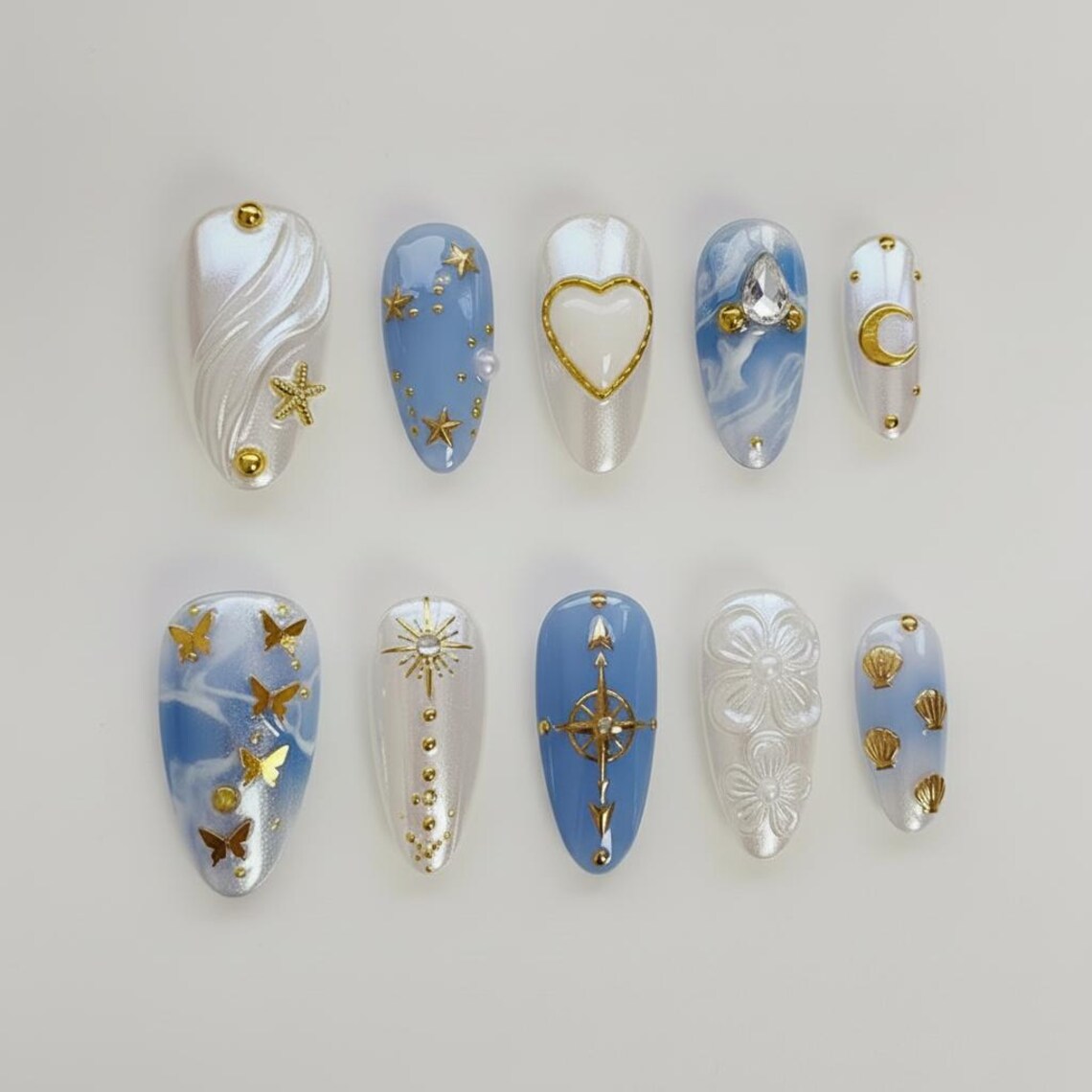 Baby Blue Pearl Press on Nails | 3D Gold Shell Starfish Moon Heart Art ...