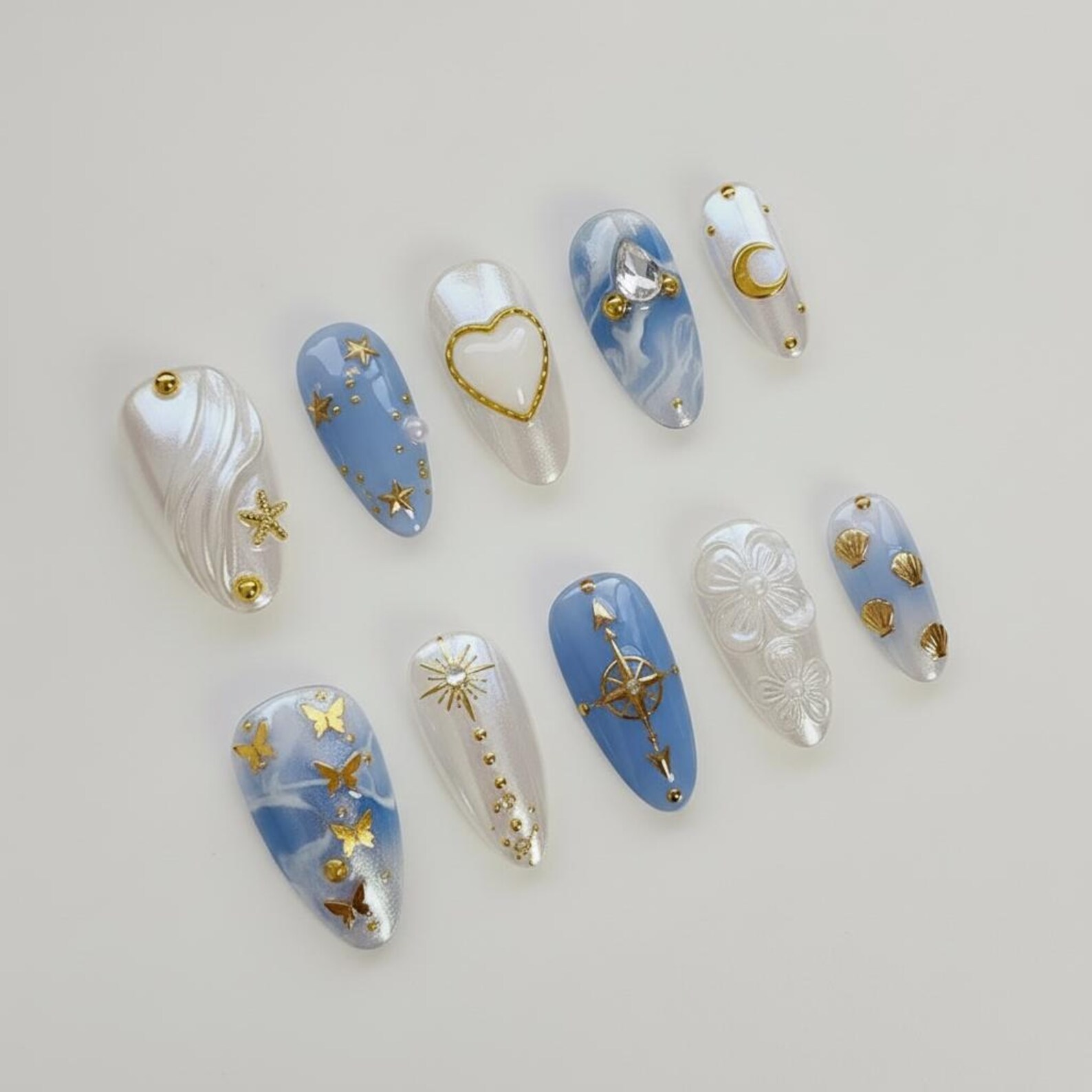 Baby Blue Pearl Press on Nails | 3D Gold Shell Starfish Moon Heart Art ...