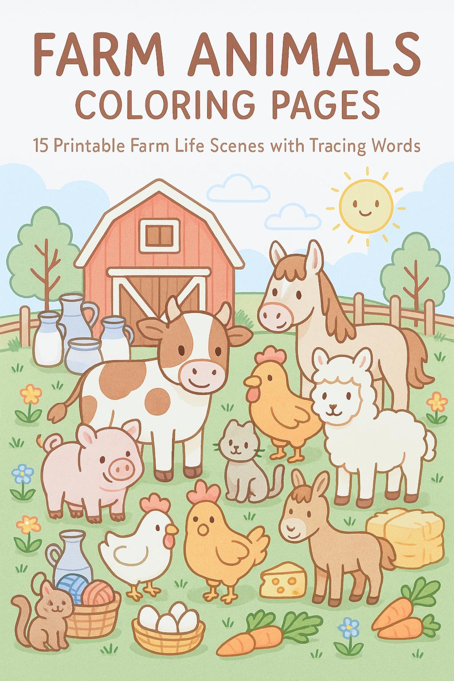 Farm Animals Coloring Pages With Tracing Words – 15 Printable ...