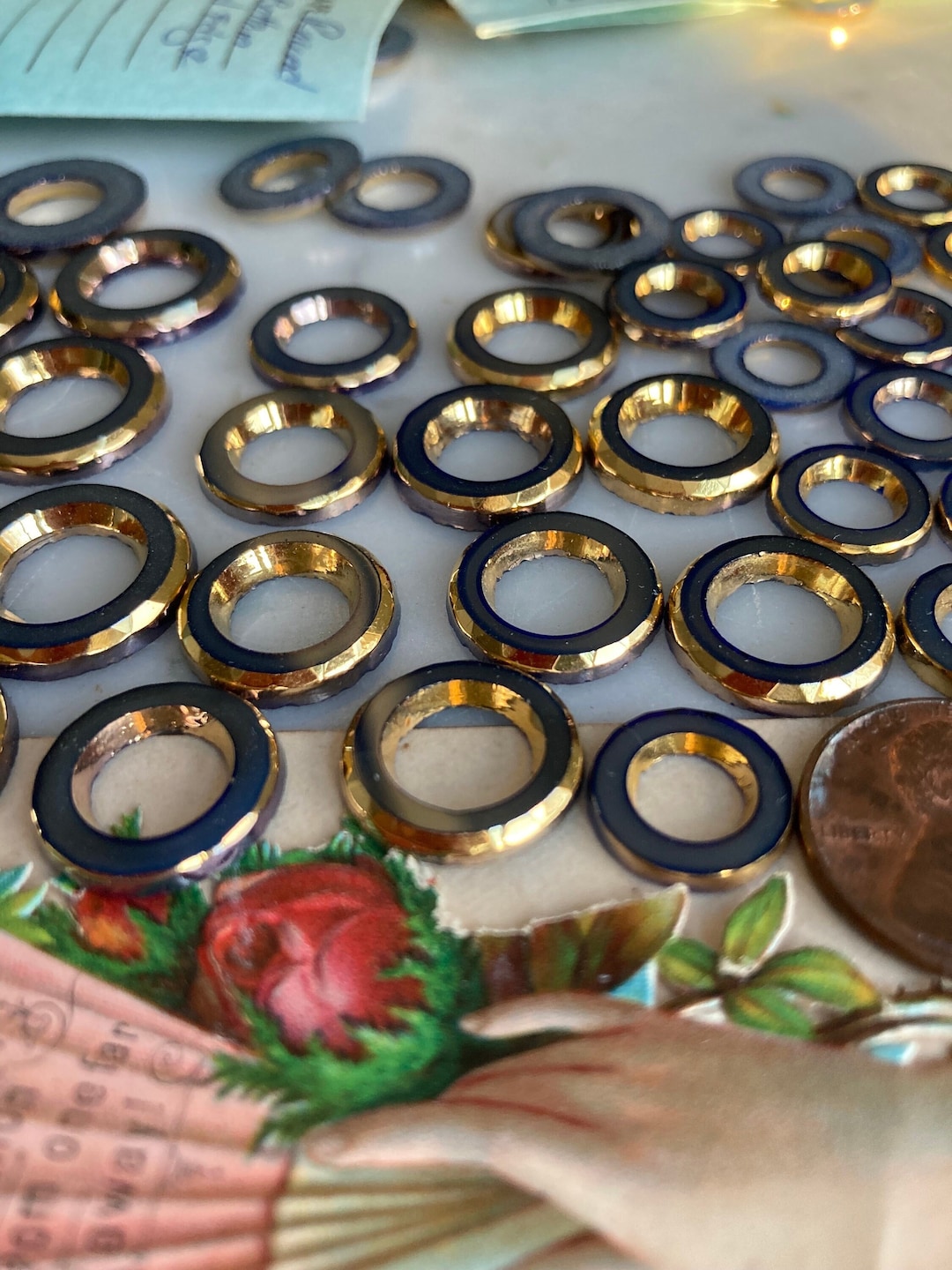 Vintage Glass Rings, Three Sizes, Gold Leaf Trim -blue Ring, 12,15,18mm ...