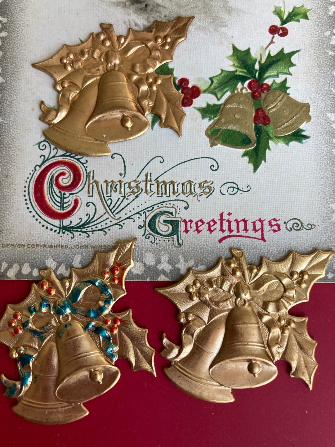 4 Vintage Christman Holly and Bell Holiday Finding - Etsy