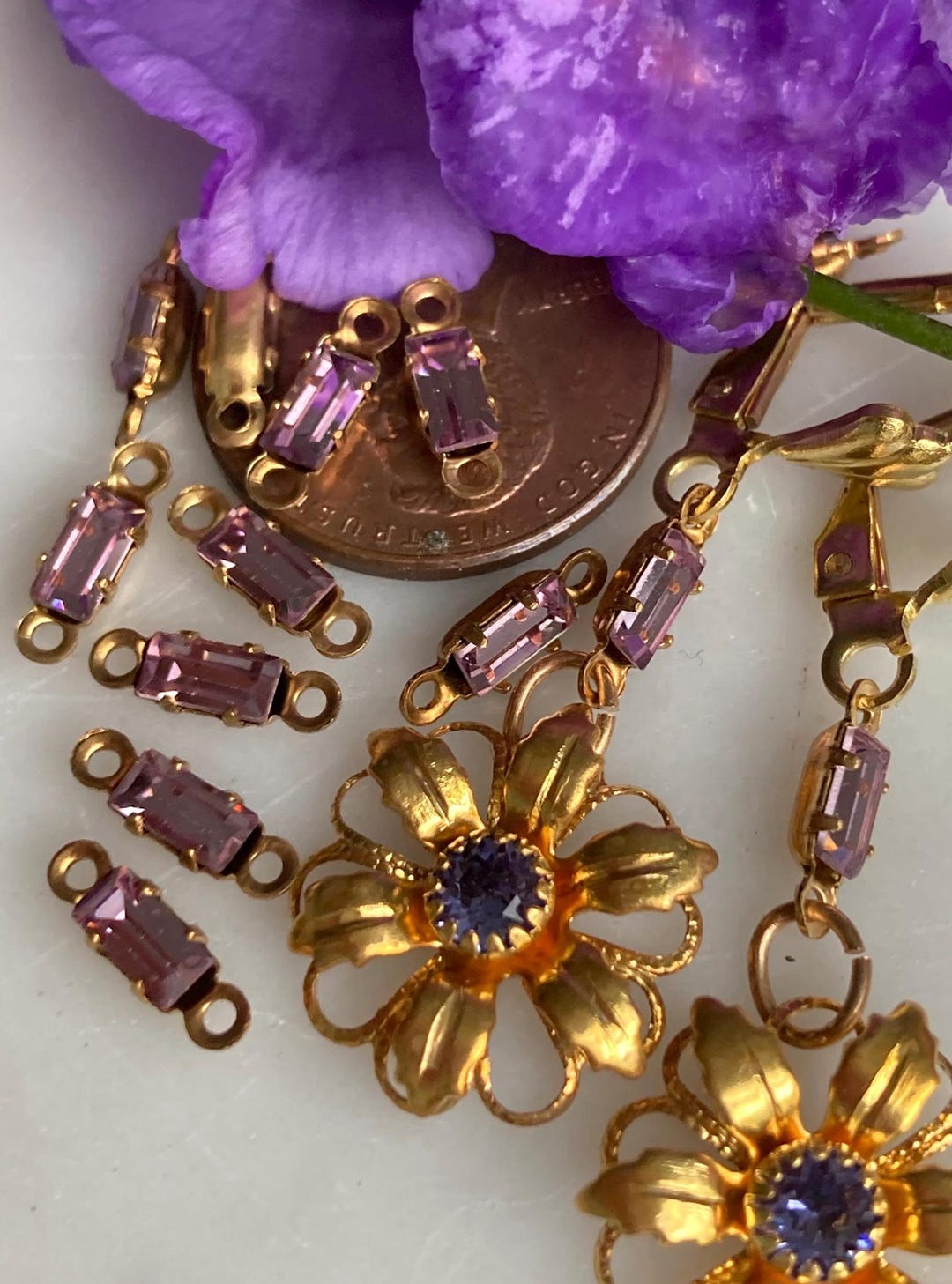 12 Tiny Vintage Swarovski Light Amethyst Crystal Connectors With Hoop ...