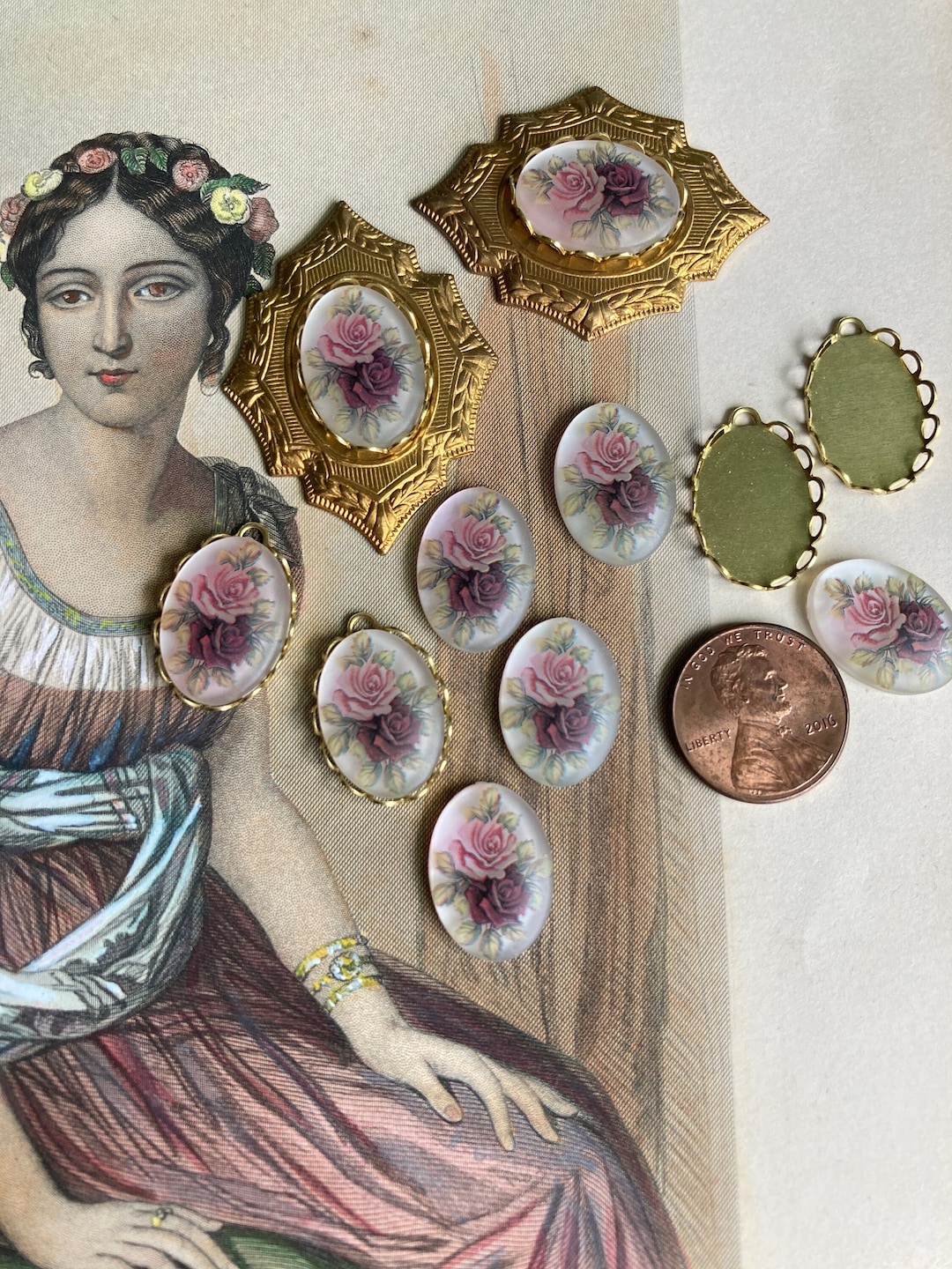 6 Vintage Romantic West German Rose Resin 13x18mm Frosted Cabochon ...