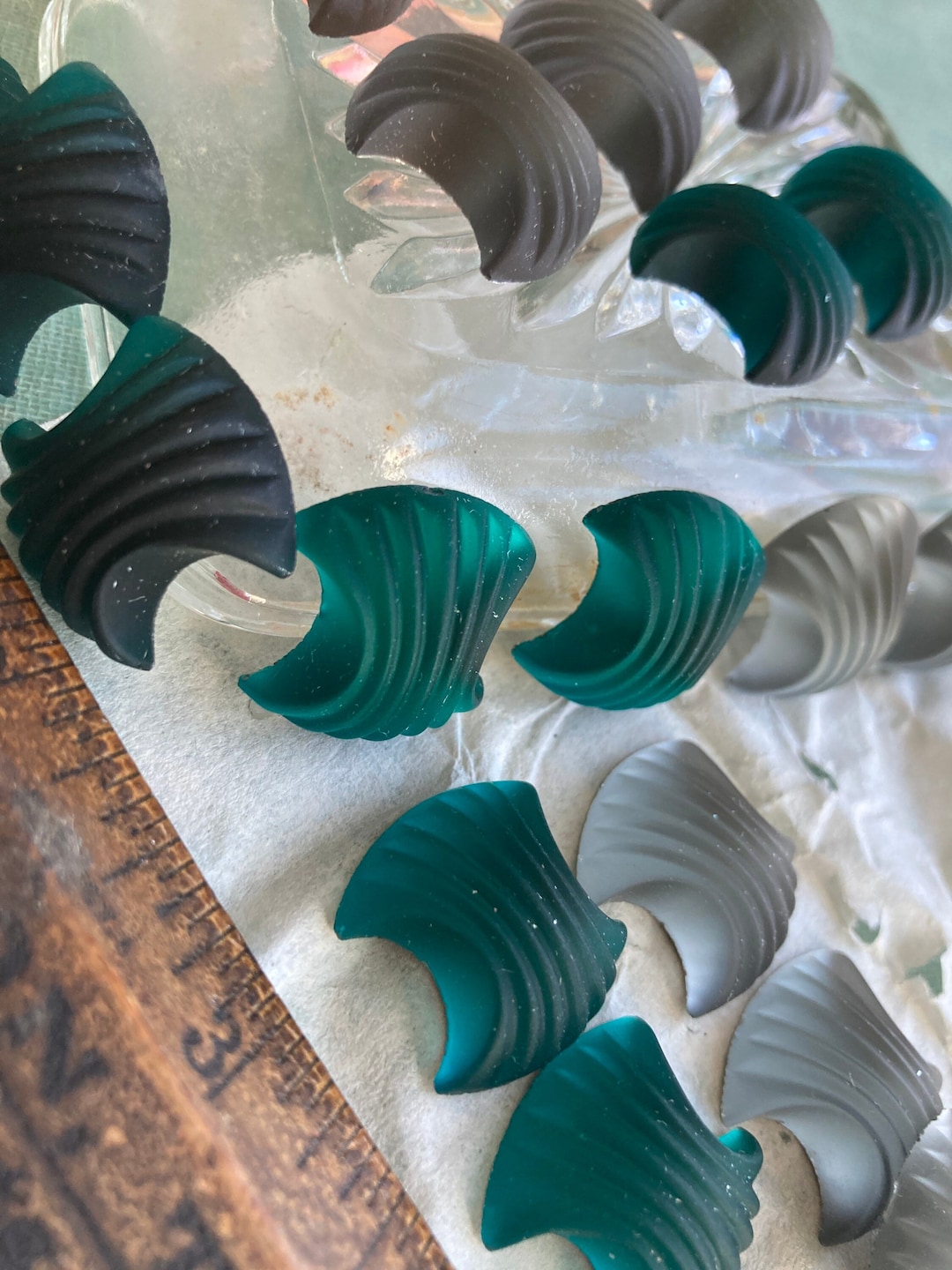 4 Vintage Glass Ribbed Bow Teal or Grey Matte Art Deco Architectural ...