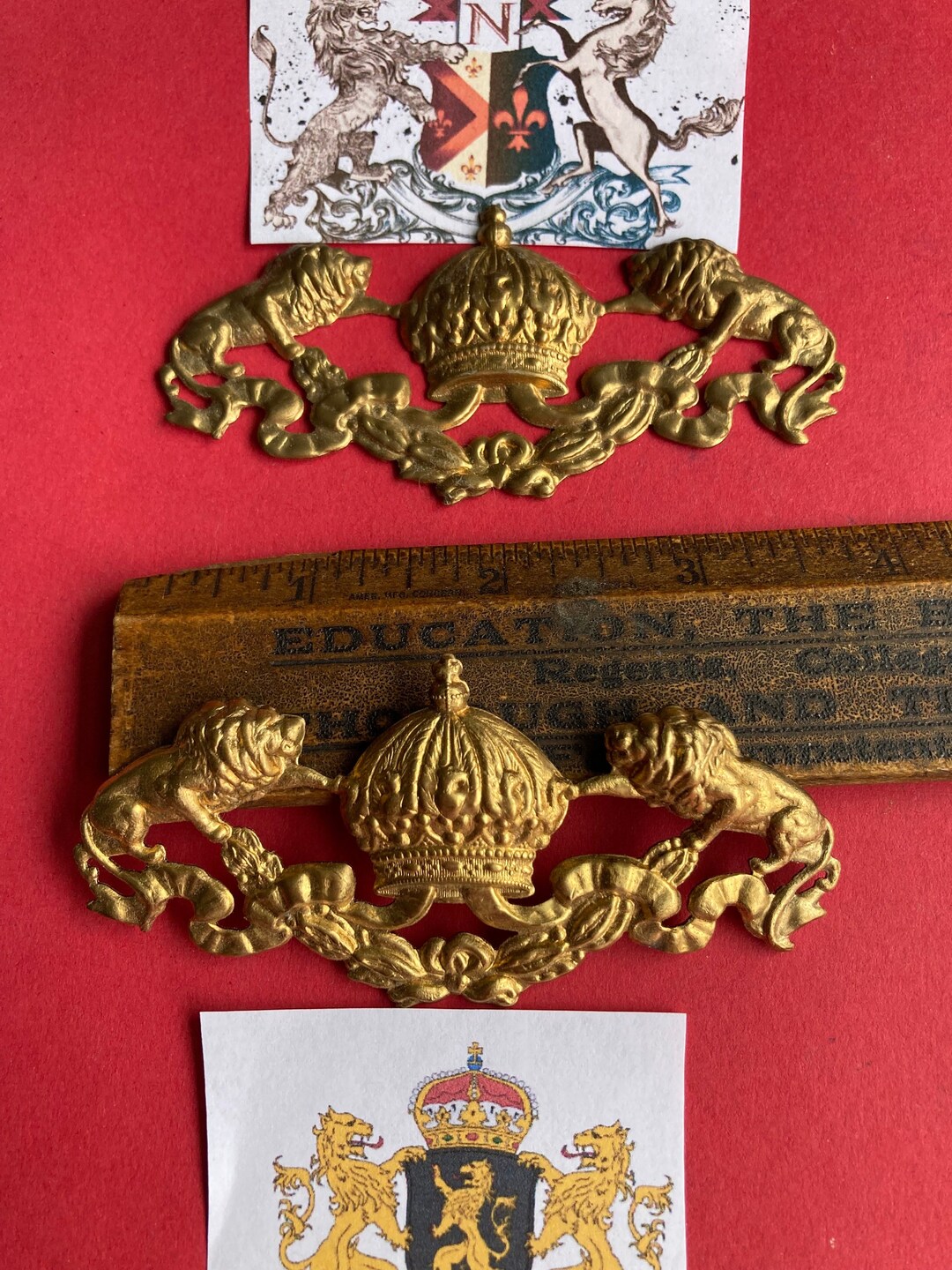 2 Vintage Large Ornate Victorian Lion and Crown Brass Stamping, 4 ...