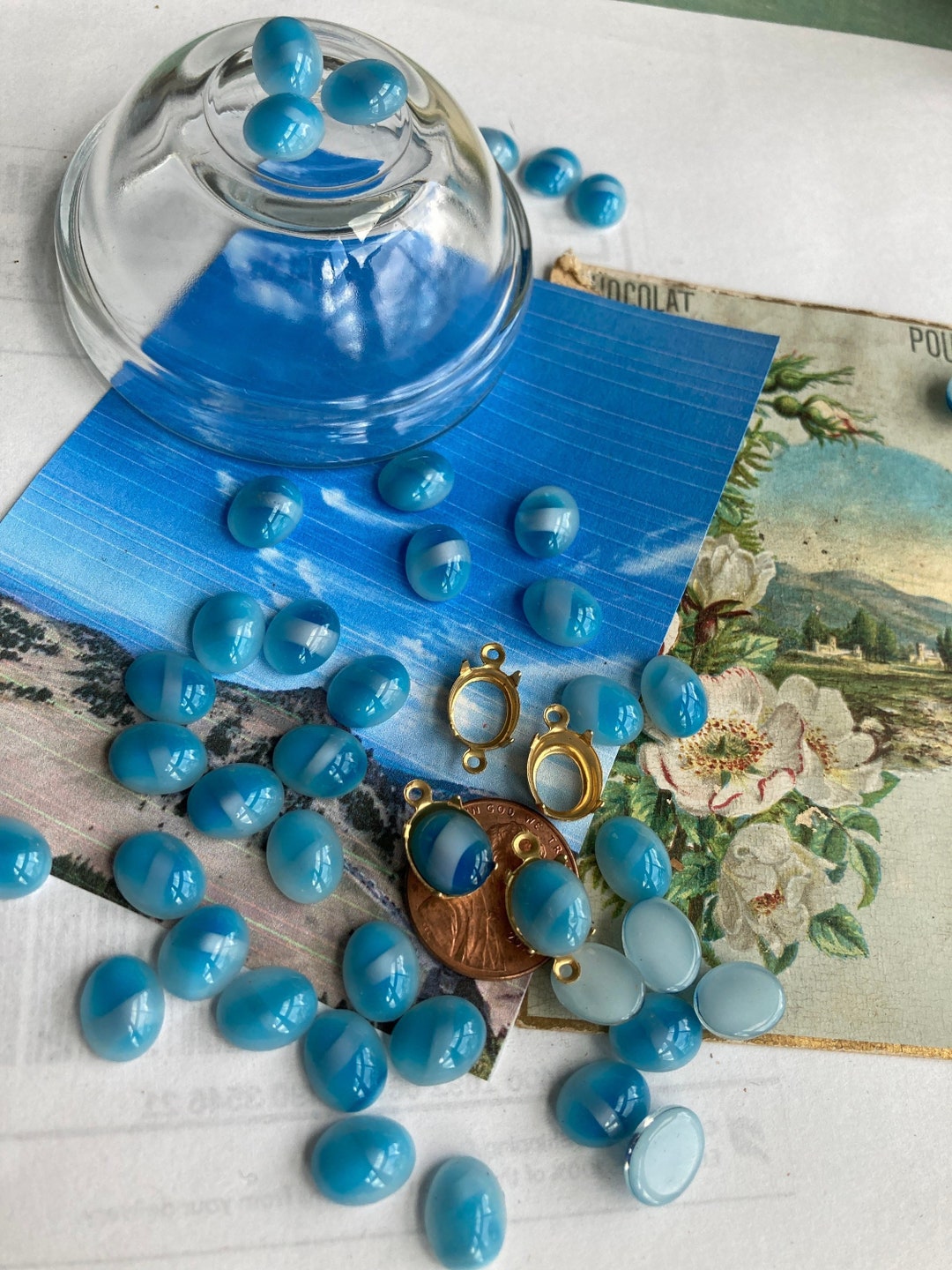 Vintage 8x10mm Sky Blue With Clouds Glass Stones Available With 1 or 2 ...