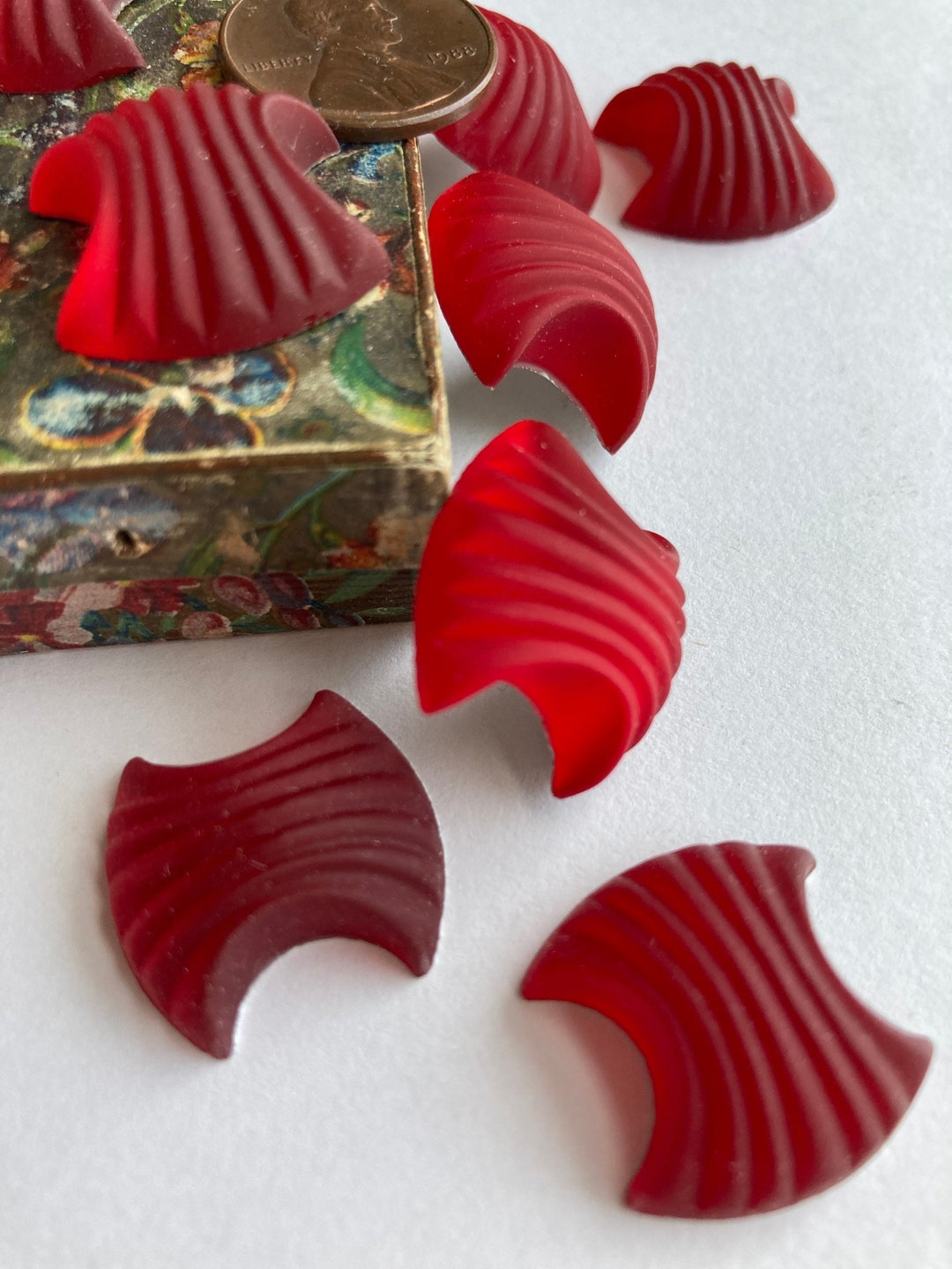 3 Vintage Glass Ribbed Bow Ruby Matte Art Deco Architectural Cabochon ...