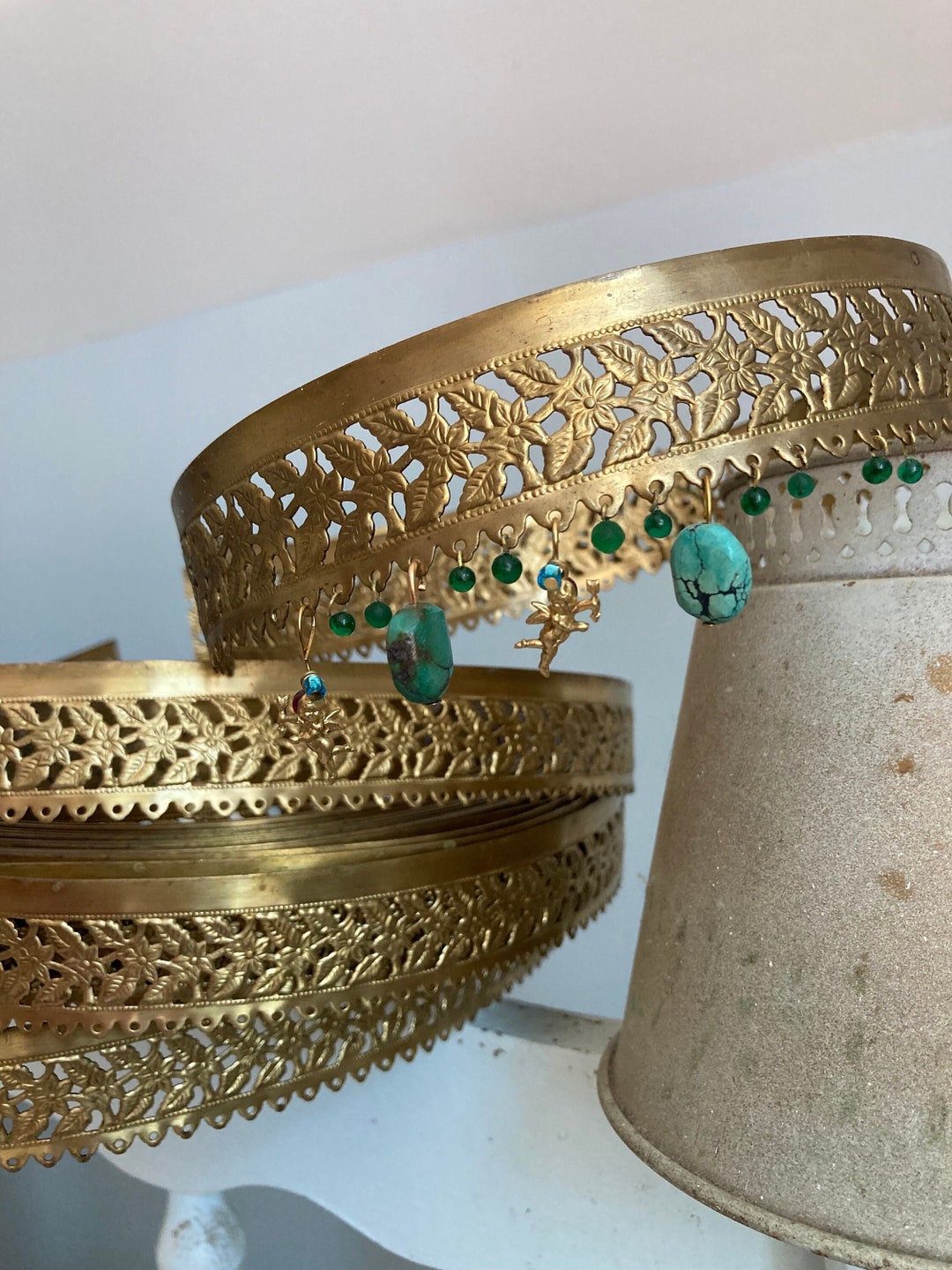 Vintage Lamp Brass Banding, Crown Hooped Gallery Wire, Floral Design 24 ...