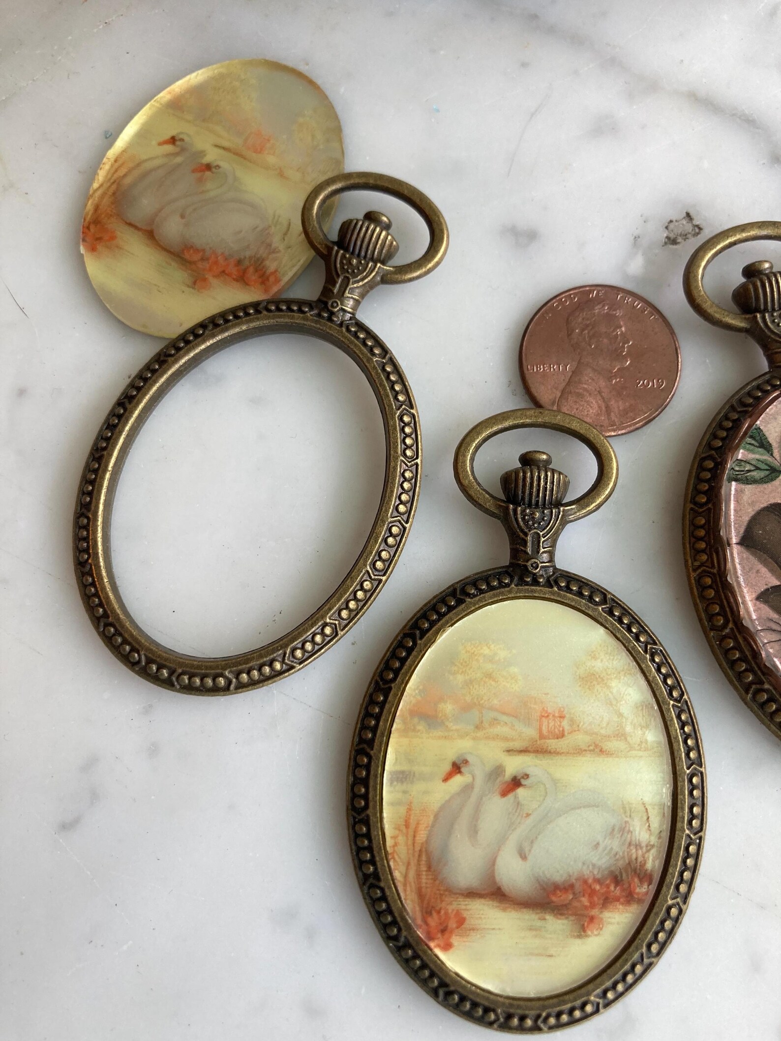 Vintage Engraved Pocket Watch Brass Setting, Glass Swan, Rose or ...