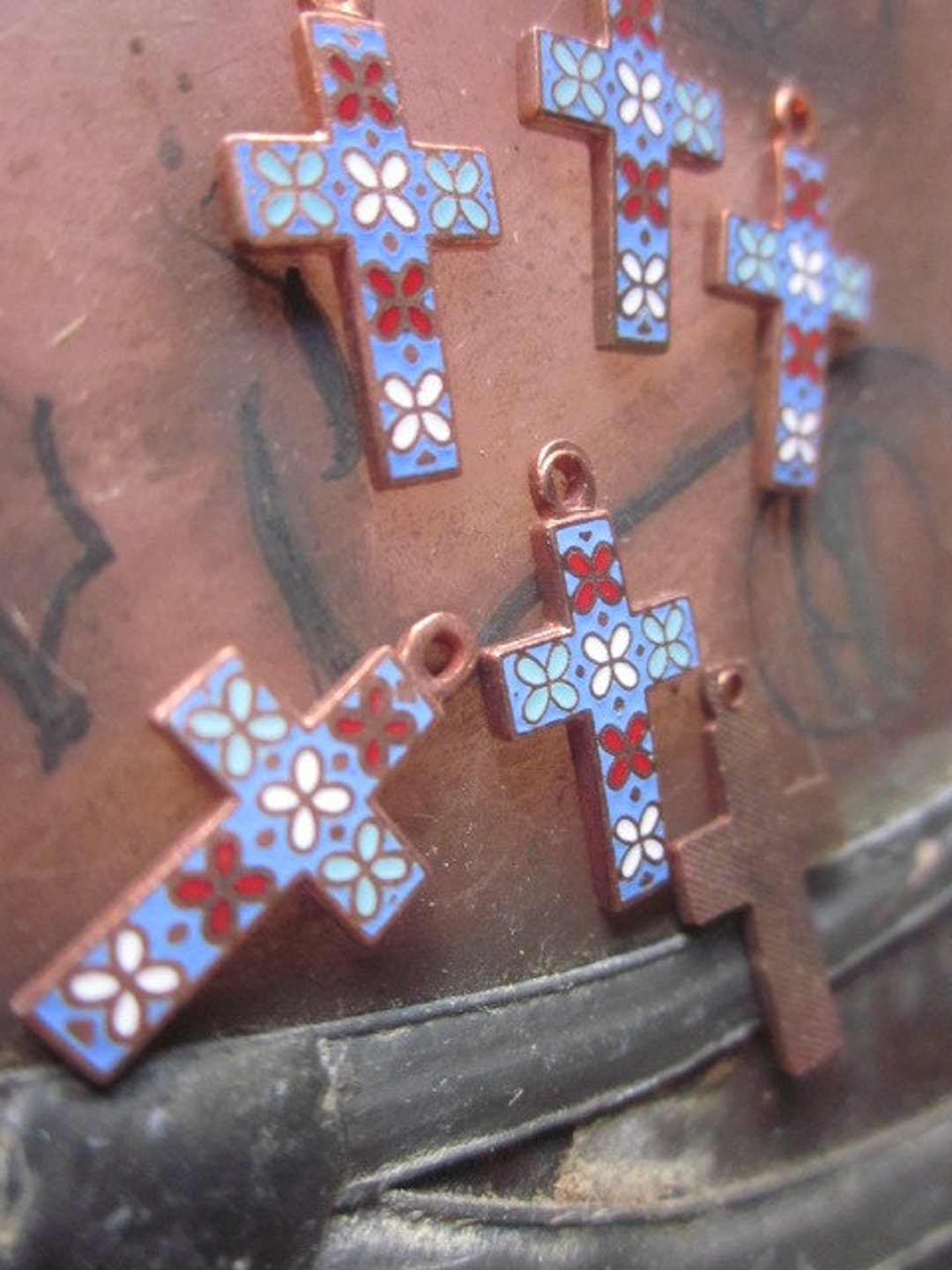 4 Vintage Enameled Cross With Flowers - Etsy