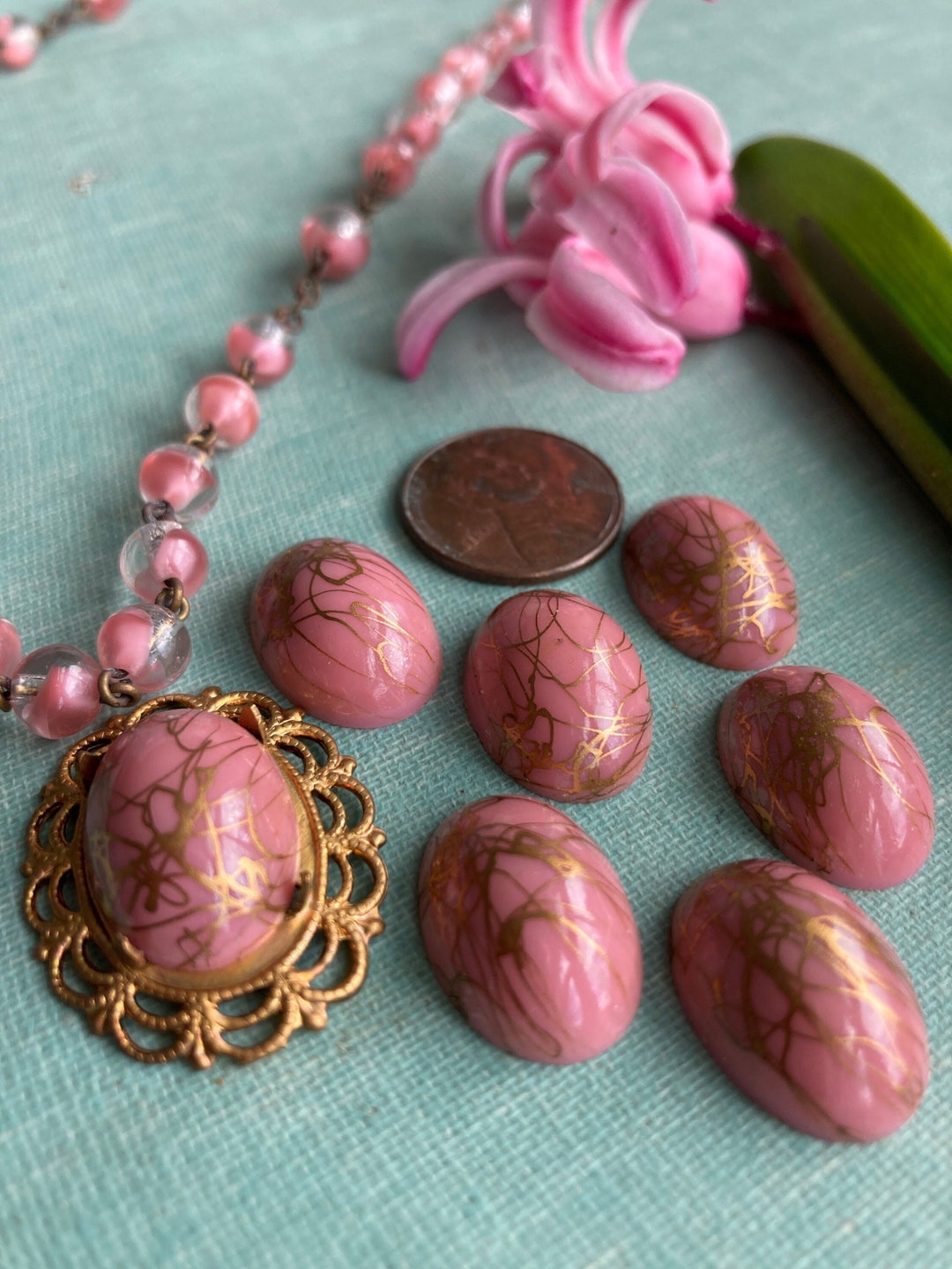 6 Gorgeous Japanese Gold Drizzle "cherry Brand" 18x13mm Glass Cabochon ...