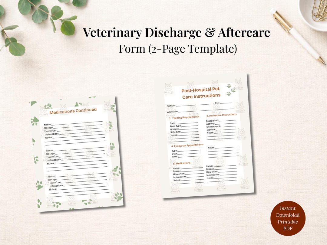 Editable Pet Discharge Form | Printable Veterinary Homecare ...