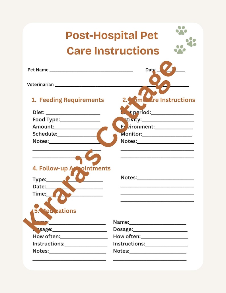 Editable Pet Discharge Form | Printable Veterinary Homecare Instructions | Pet Medication ...