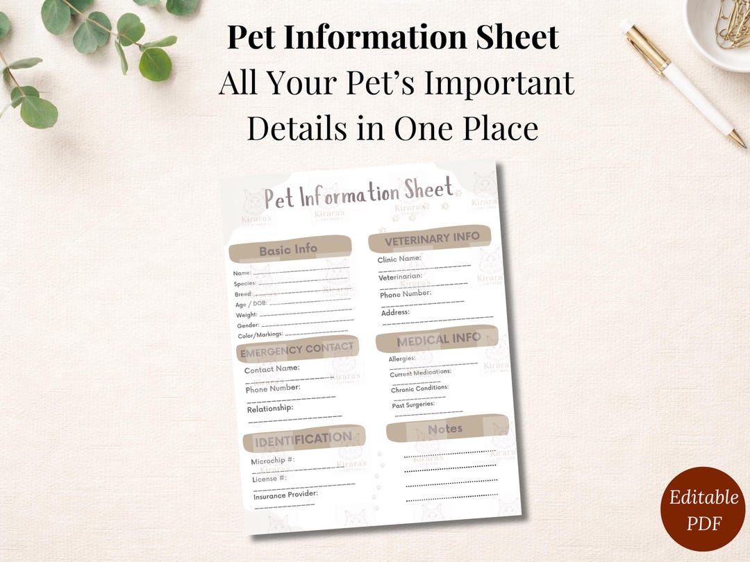 Pet Information Sheet Printable | Dog & Cat Emergency Info Form | Vet ...