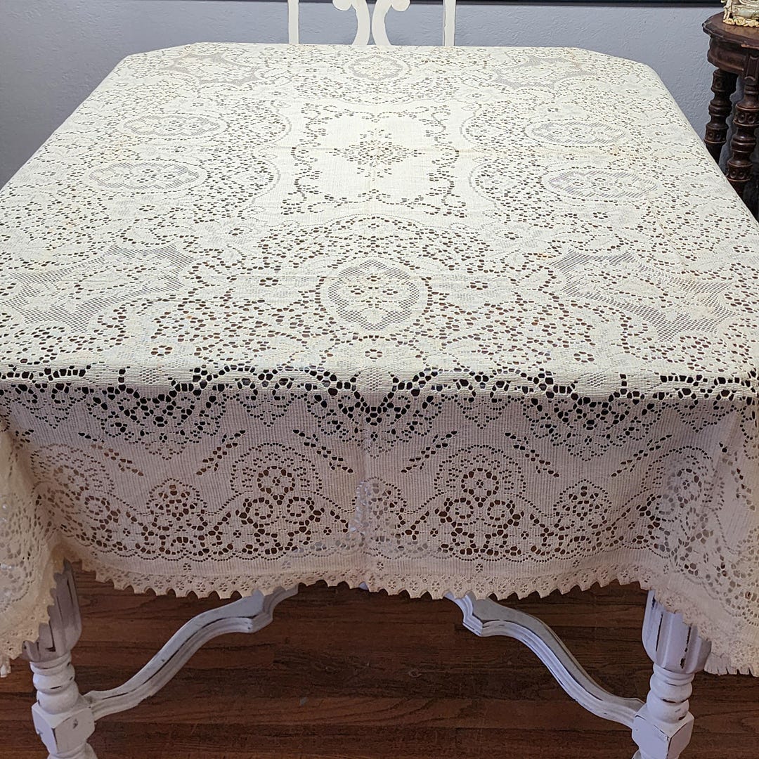 LACE Tablecloth Like New, Ivory Color,86x68 Rectangle, Floral Pattern ...