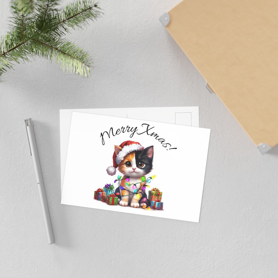 Merry Christmas Cat Postcard - Etsy